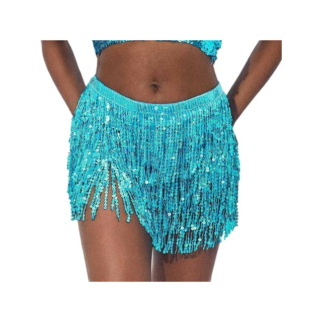 DcoolMoogl Women Belly Dance Hip Sequin Tassel Skirt Sparkly Fringe Scarf Wrap Rave Costume ...