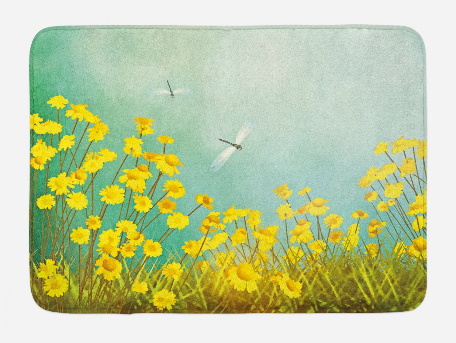 Dragonfly Bath Mat, Flourishing Artistic Landscape with Daisies on ...
