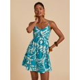 Blue Tropical Leaf Print Spaghetti Strap Mini Sundress For Women ...