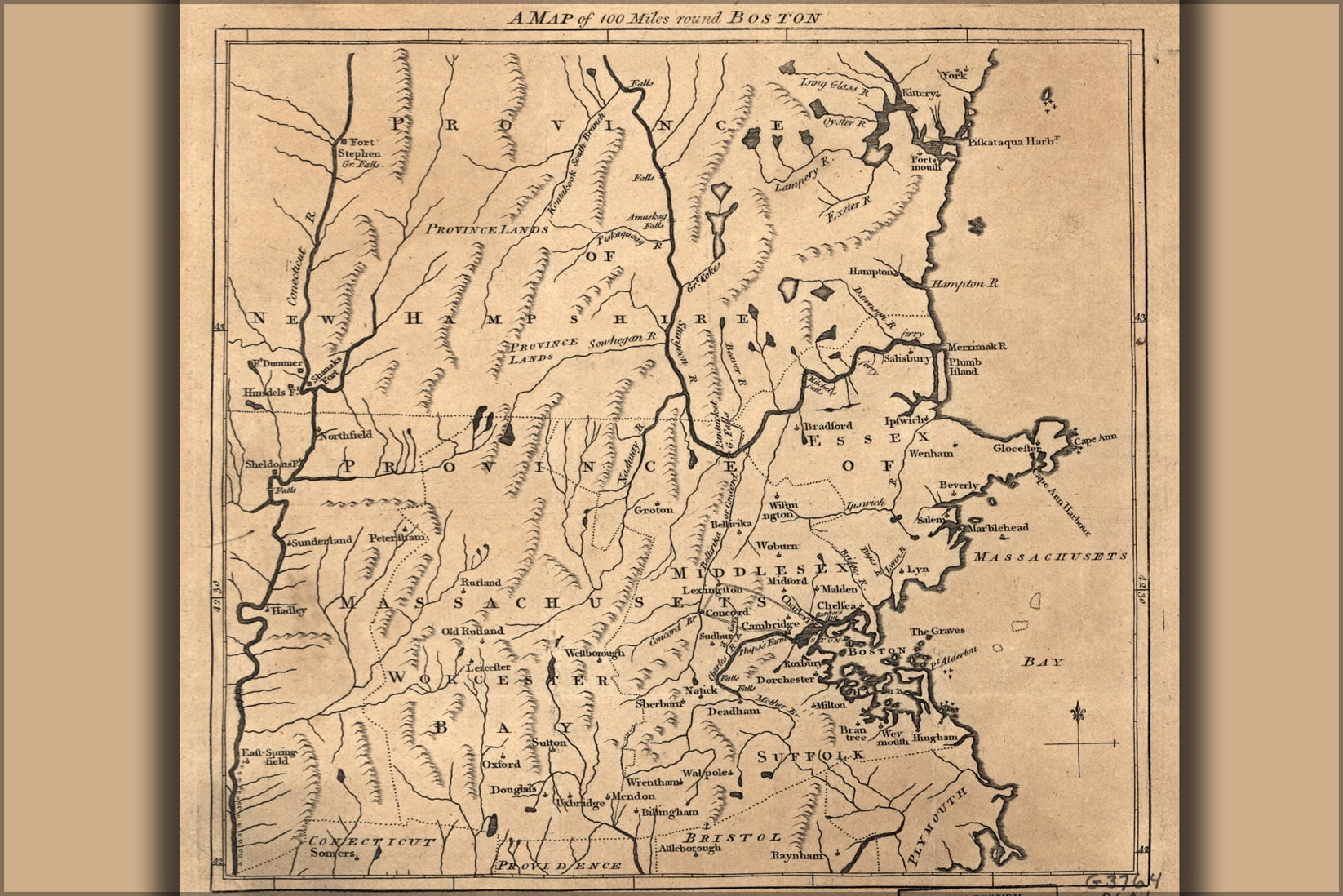 24"x36" Gallery Poster, Map of 100 miles round Boston 1775 - Walmart.com