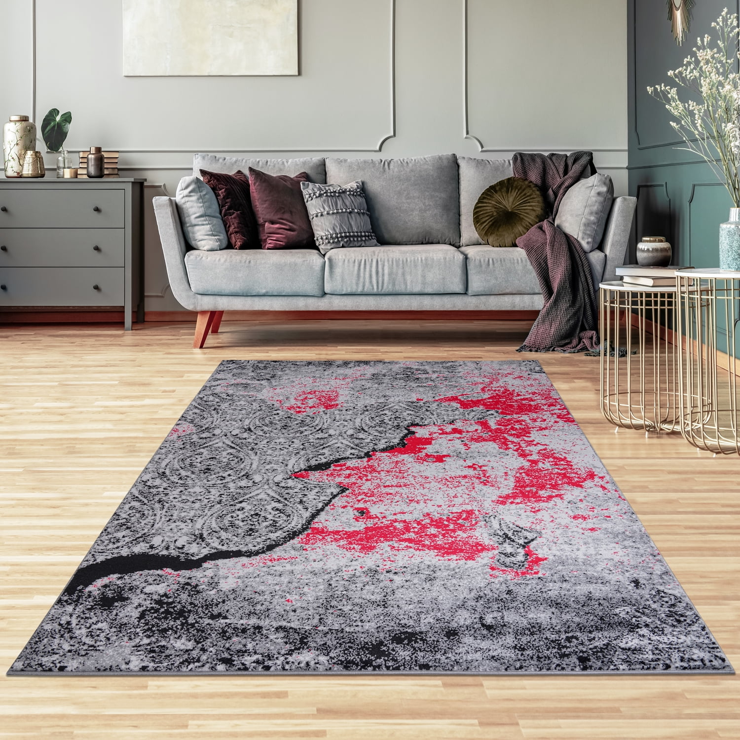 HT Design Rectangular Area Rug for Living Room,3982 Patchwork Black/Red ...