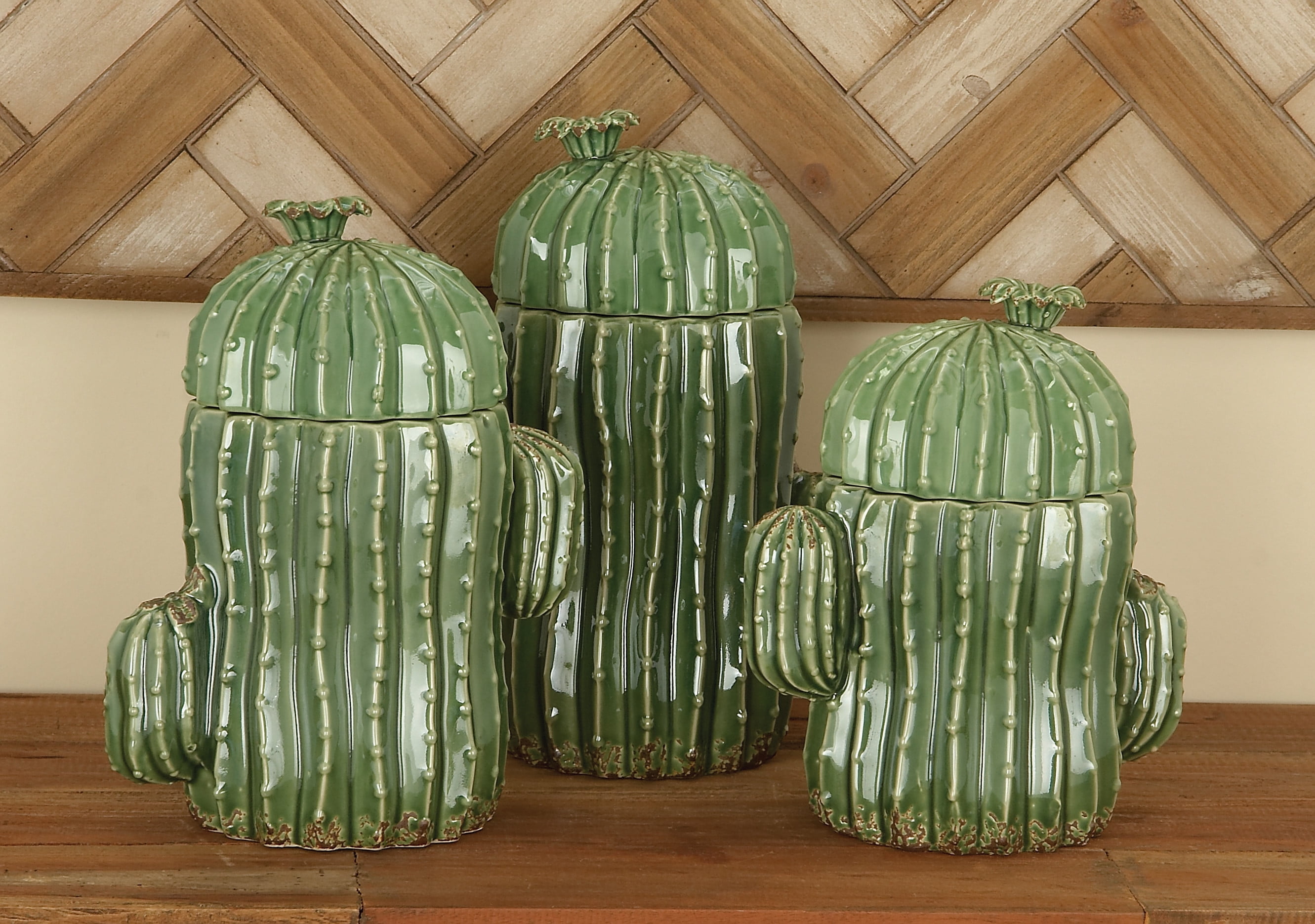 Decmode - Large Ceramic Green Cactus Pottery Decorative Jars with Lids ...