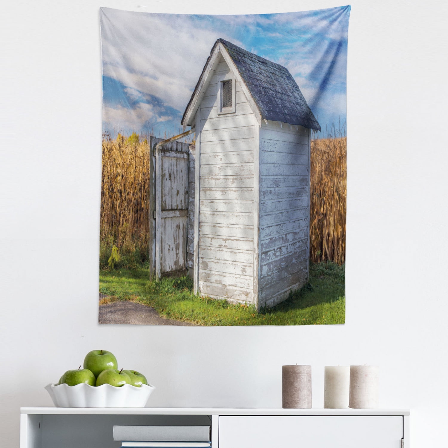 Outhouse Tapestry, Country Farm Life Cottage Wheat and Grass Under Sky ...
