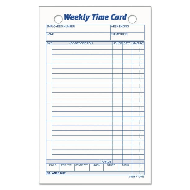 TOPS Employee Time Card, Weekly, 4 1/4 x 6 3/4, 100/Pack -TOP3016 ...