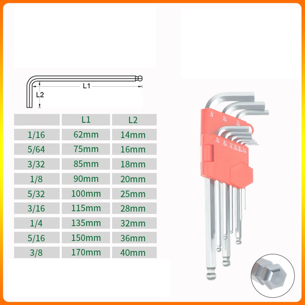 Juego de 9 llaves Allen con cabeza esférica, llaves Allen en pulgadas ...