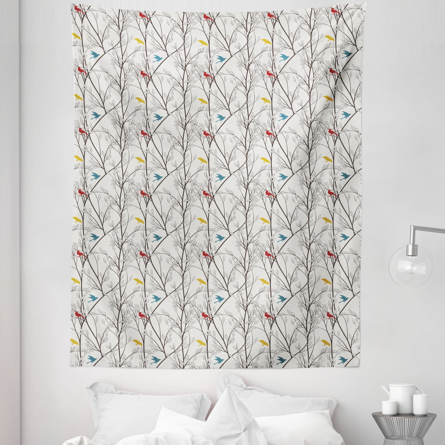 Birds Tapestry, Spriggy Forest Trees with Leaves and Flying Burgundy ...