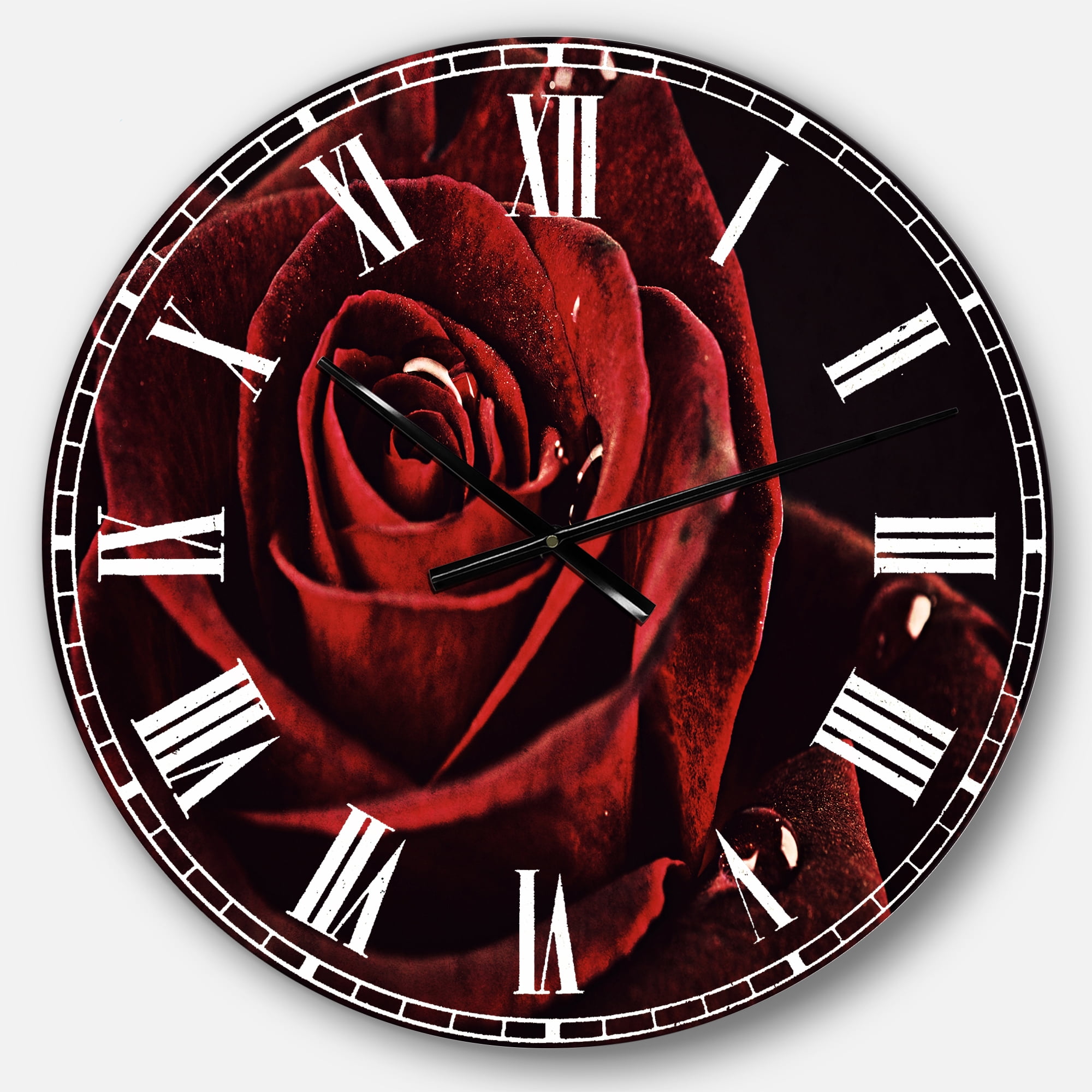 Red Rose with Raindrops on Black' Flowers Oversized Metal Clock ...