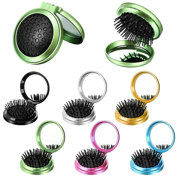 6 Pieces Folding Travel Mirror Hair Brushes Round Mini Portable Combs ...