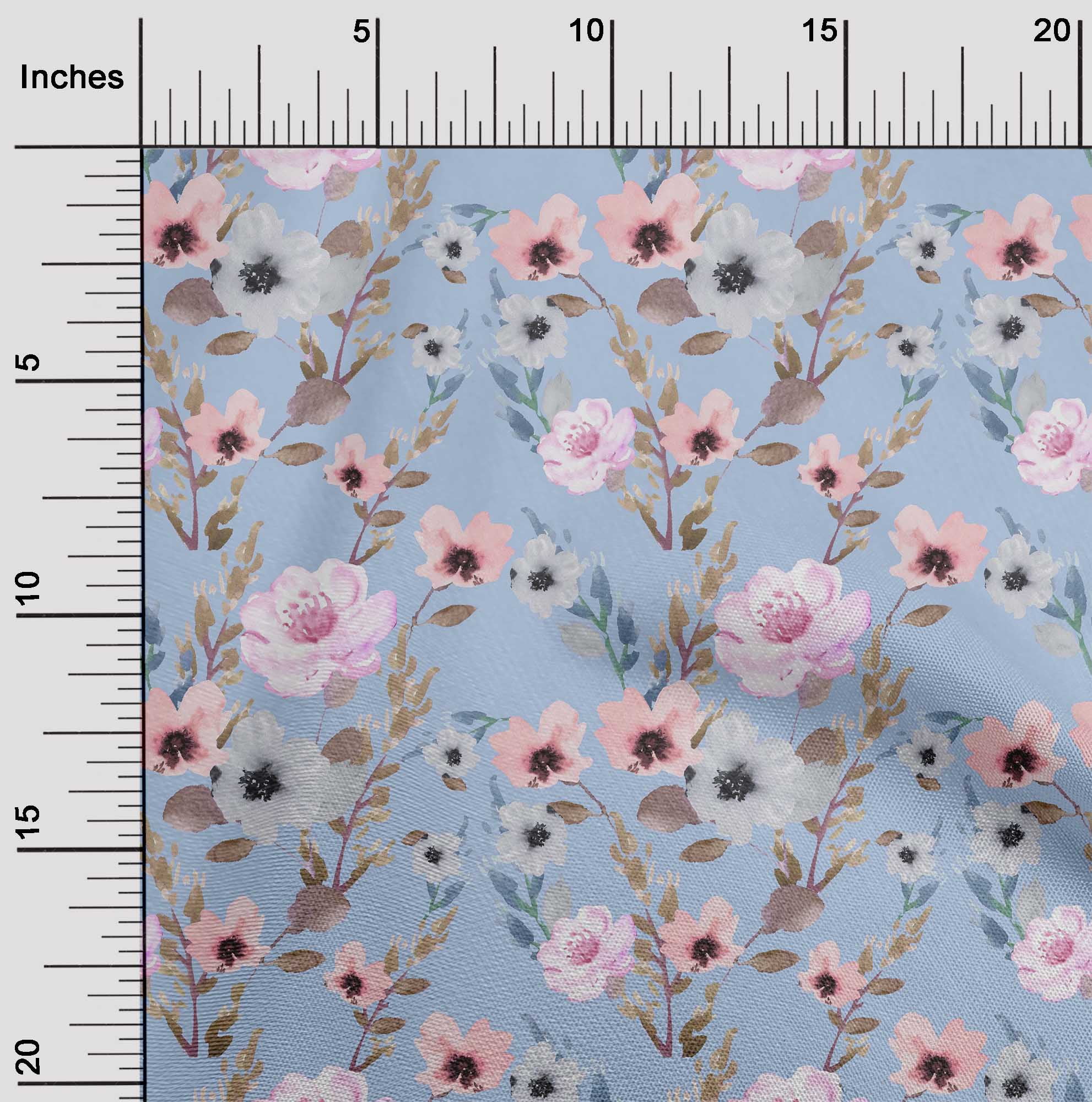 oneOone Georgette Viscose Dusty Blue Fabric Flower & Leaves Watercolor ...