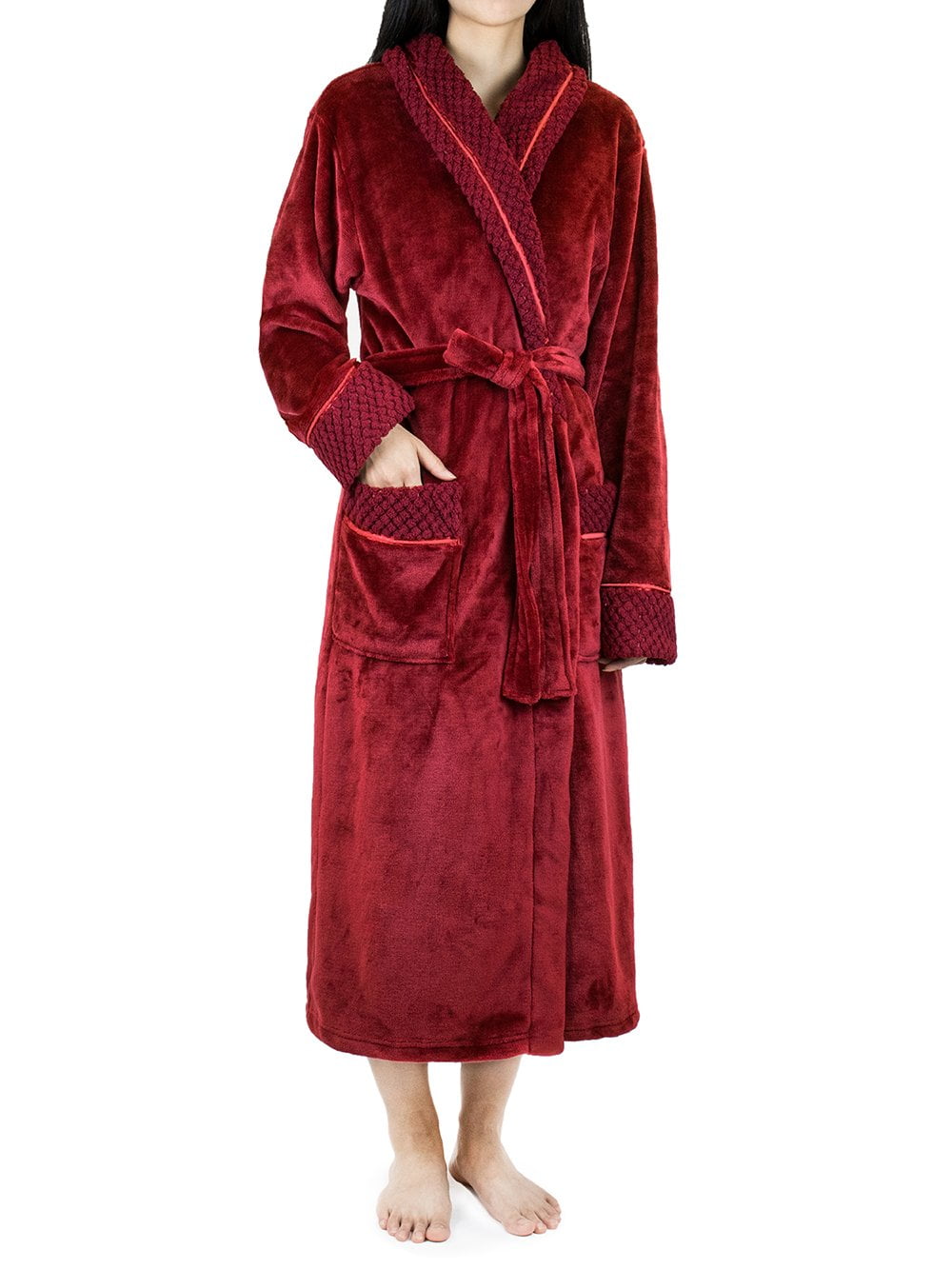 Pavilia Soft Plush Women Fleece Robe Burgundy Wine Red Cozy Bathrobe