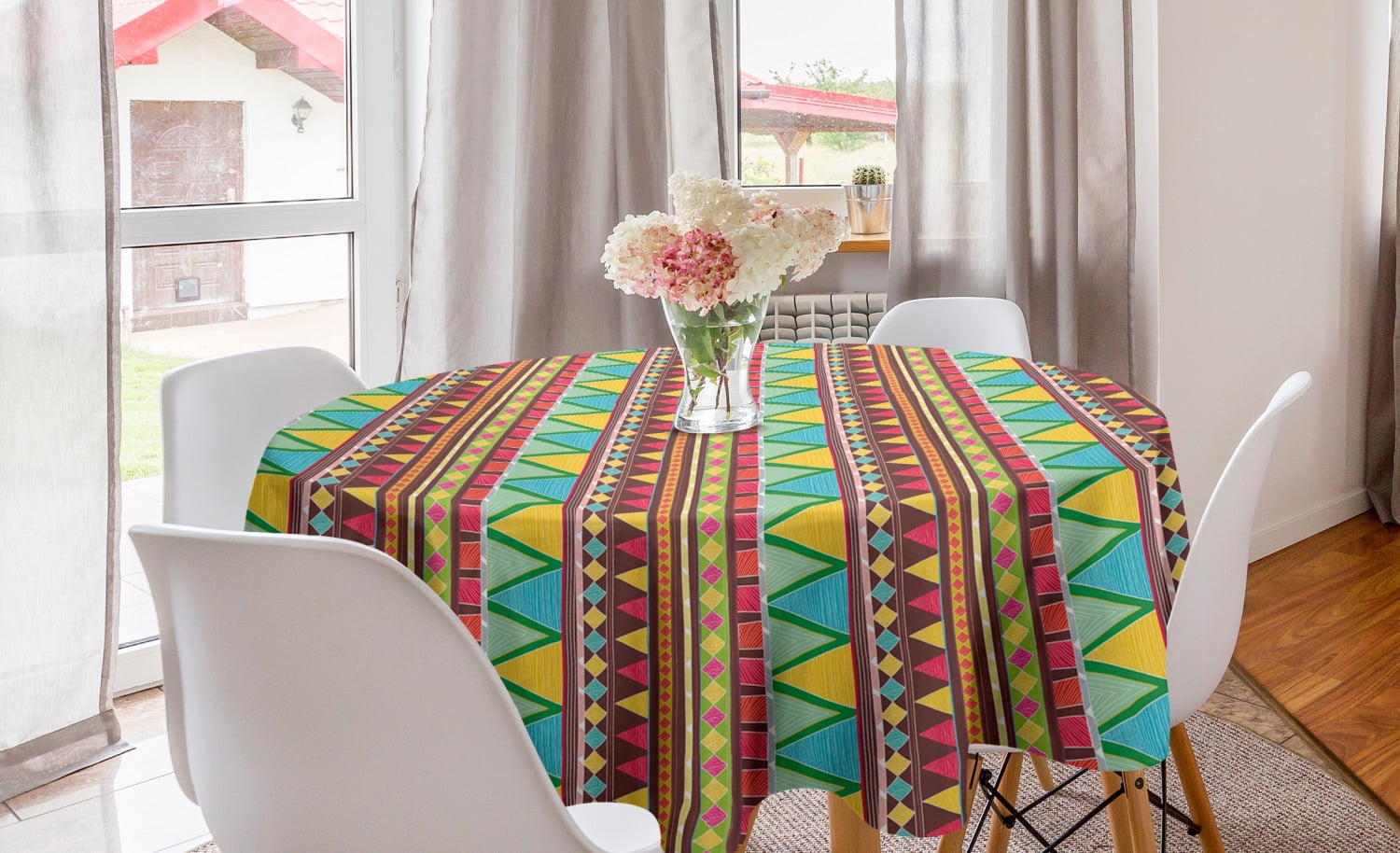 Ethnic Round Tablecloth, Geometric Pattern with Vertical Stripes and ...