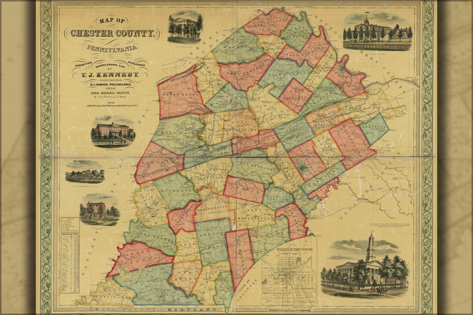 24"x36" Gallery Poster, Map of Chester County, Pennsylvania 1856 ...