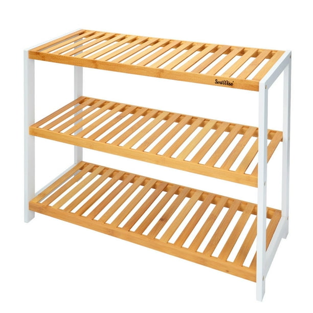 12 Pairs Bamboo Shoes Rack 3-Tier Shoe Shelf Shoe Organizer , White ...