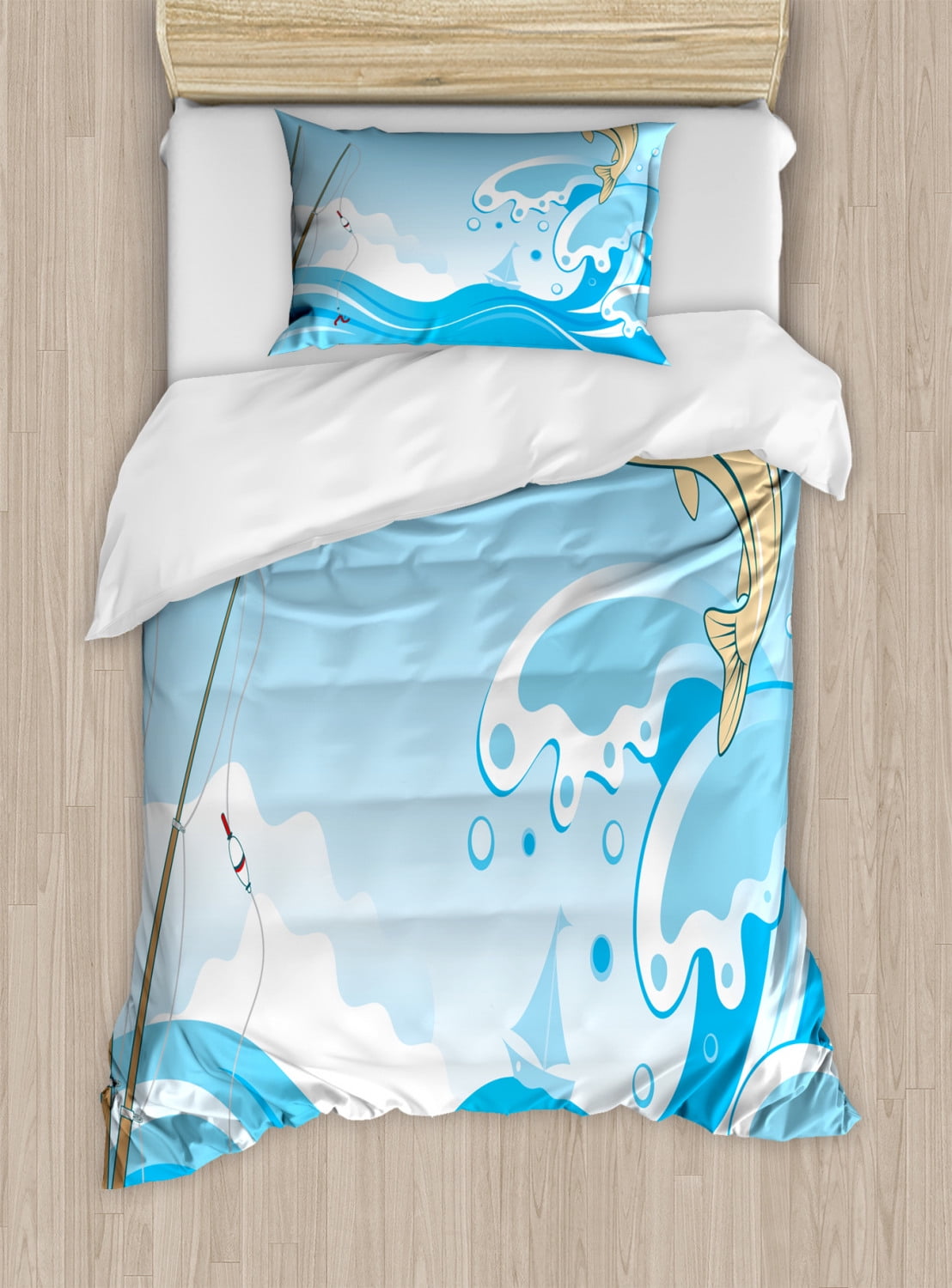 Fishing Theme Duvet Cover Set Twin Size, Fish Splash for Rods on Waves ...