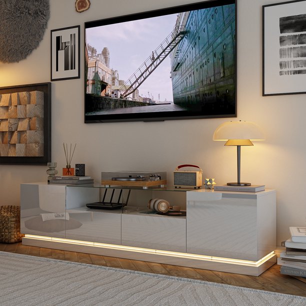 FUFU&GAGA Entertainment Center with LED Lights, High Gloss TV Stand ...