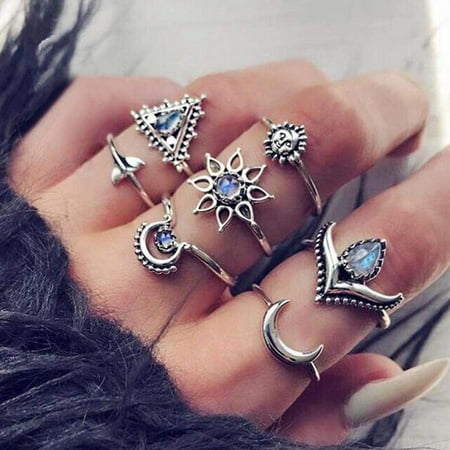 Surrme Boho Silver Stackable Rings Carved Vintage Joint Nail Ring Sets ...