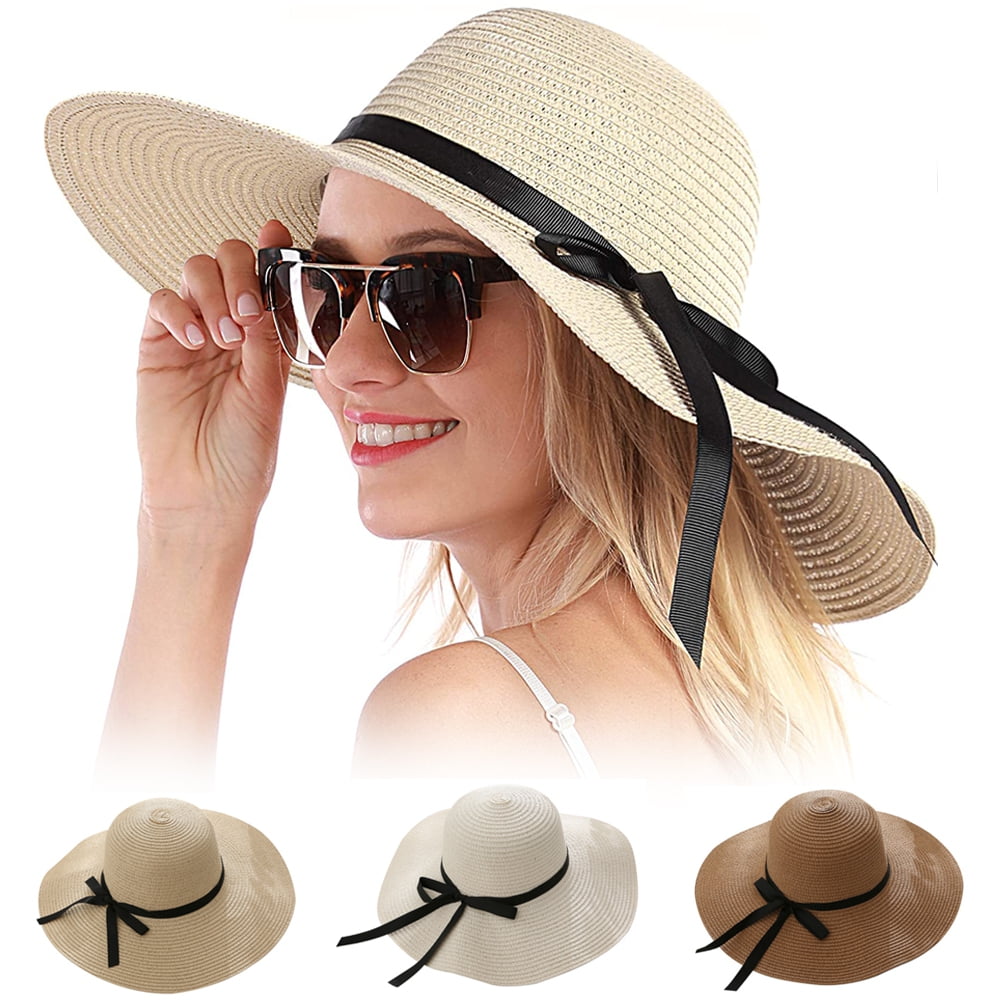 Womens Sun Straw Hat Wide Brim UPF 50 Summer Hat Foldable Roll up ...