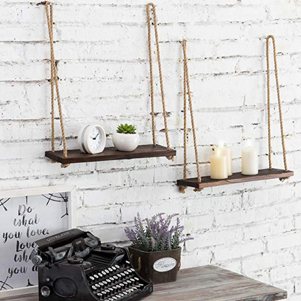 4pcs Wall Mounted Shelves Garden Hanging Rack With Rope Living Room ...