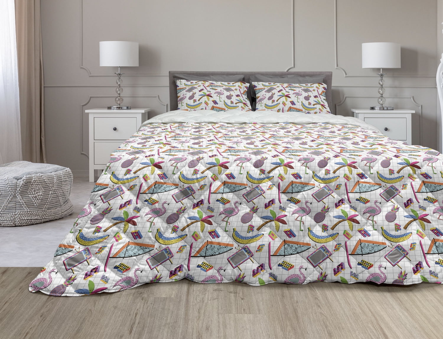 Flamingo Comforter & Sham Bedding Set, Retro Vintage 80s Memphis Style ...