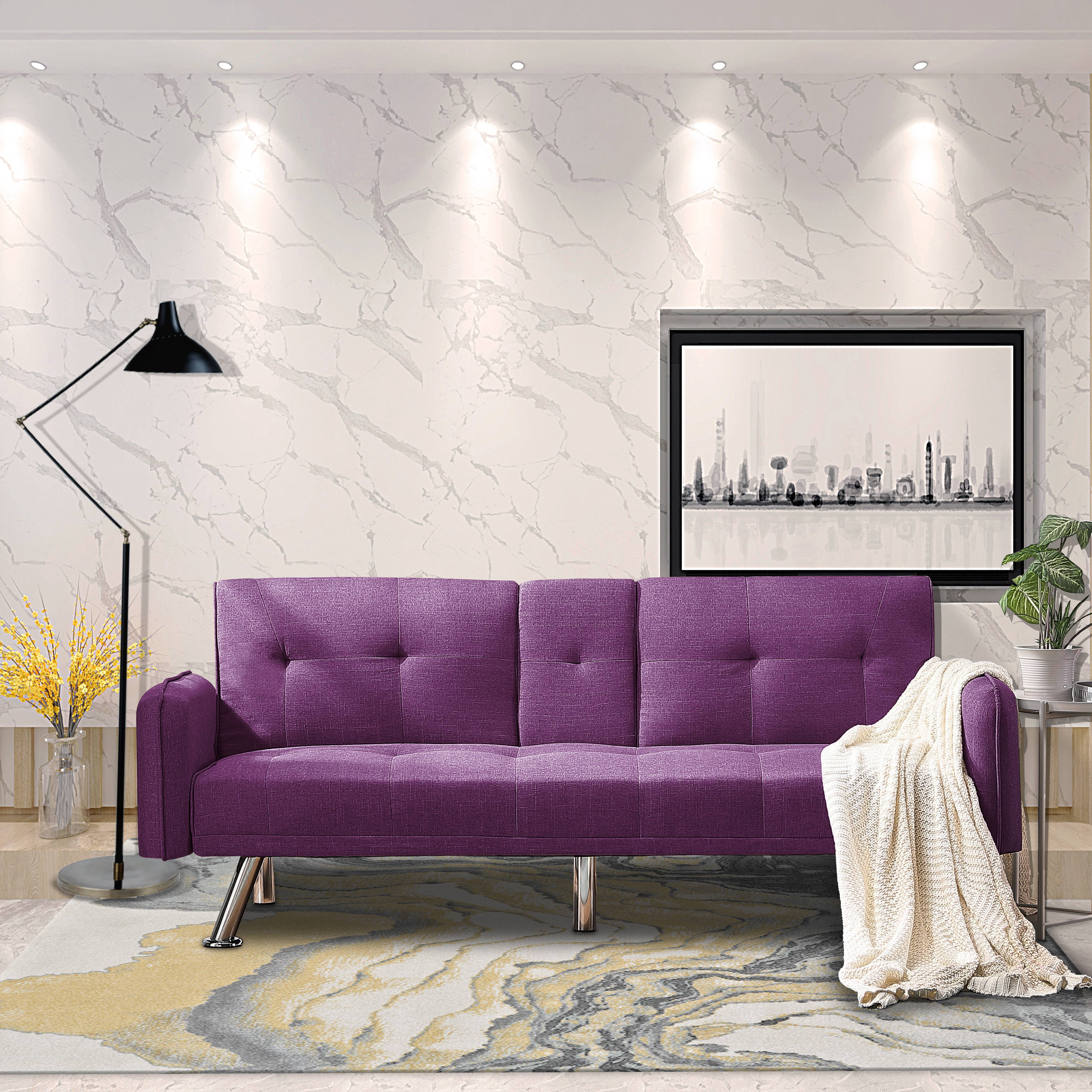 Modern Futon Sofa Bed with Metal Legs, Two Cup Holders, Mid Century ...