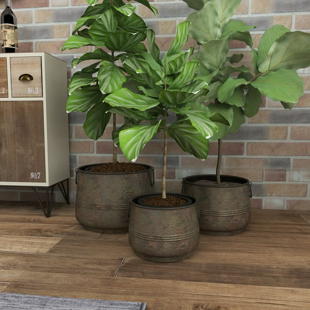 DecMode Brass Metal Rustic Round Planter Set of 3 16", 13", 11"W, Multi ...