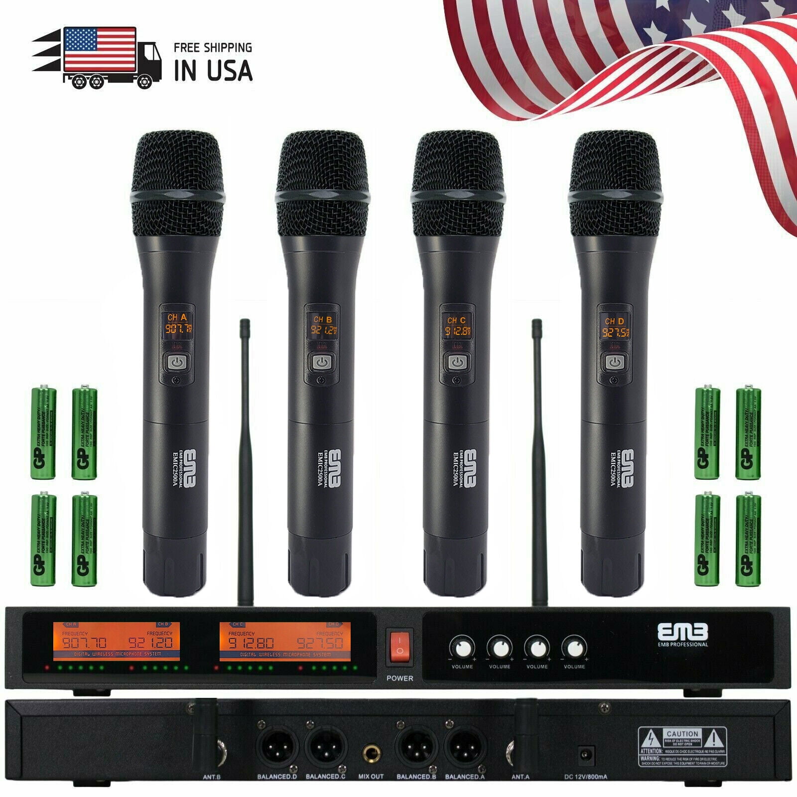 2020 EMB Audio 4 Channel Quad UHF Handheld Wireless Microphone System ...