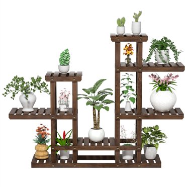 Costway Outdoor Wooden Plant Flower Display Stand 6 Wood Shelf Storage ...