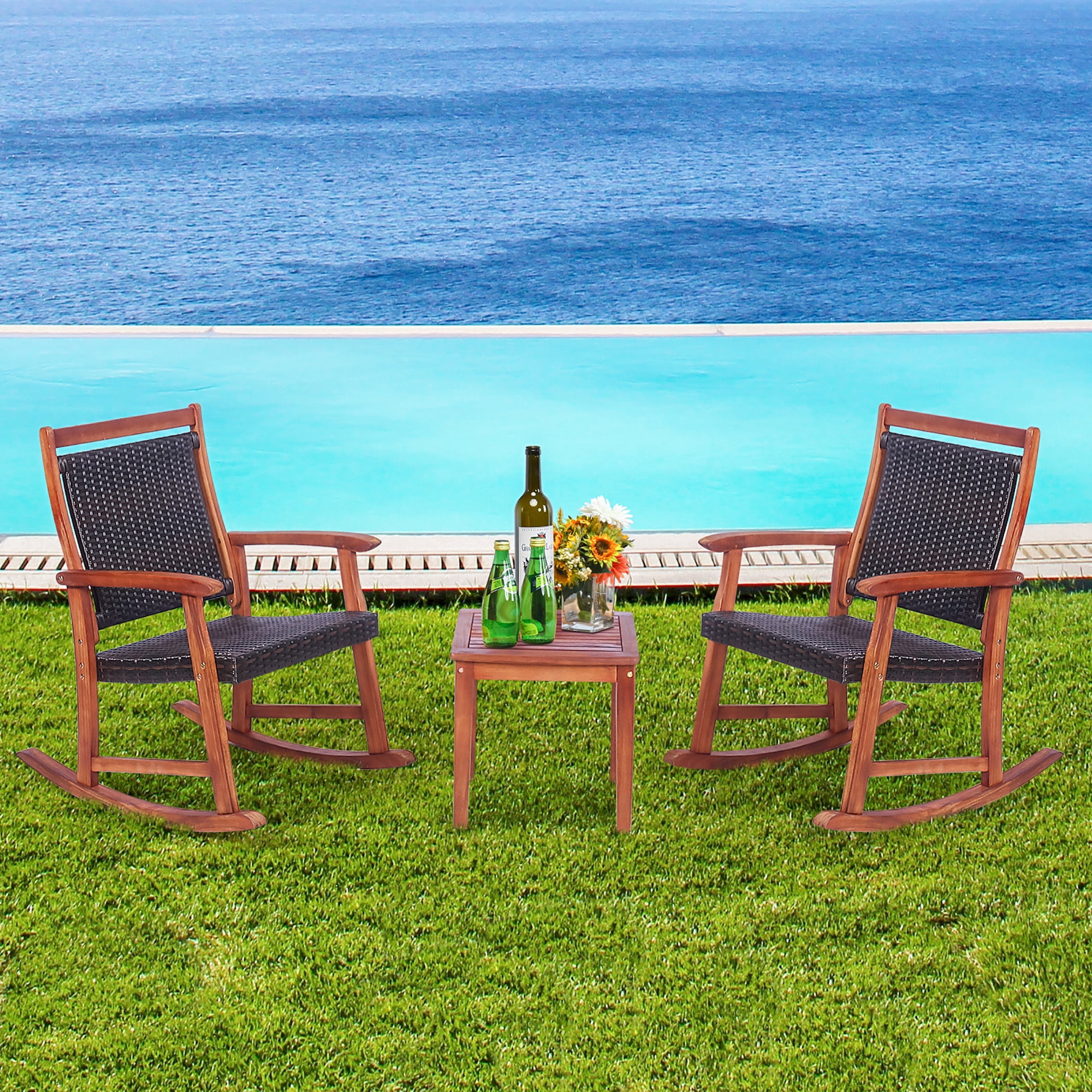 Costway 3PCS Patio Rattan Rocking Chair Bistro Set Acacia Wood Frame ...