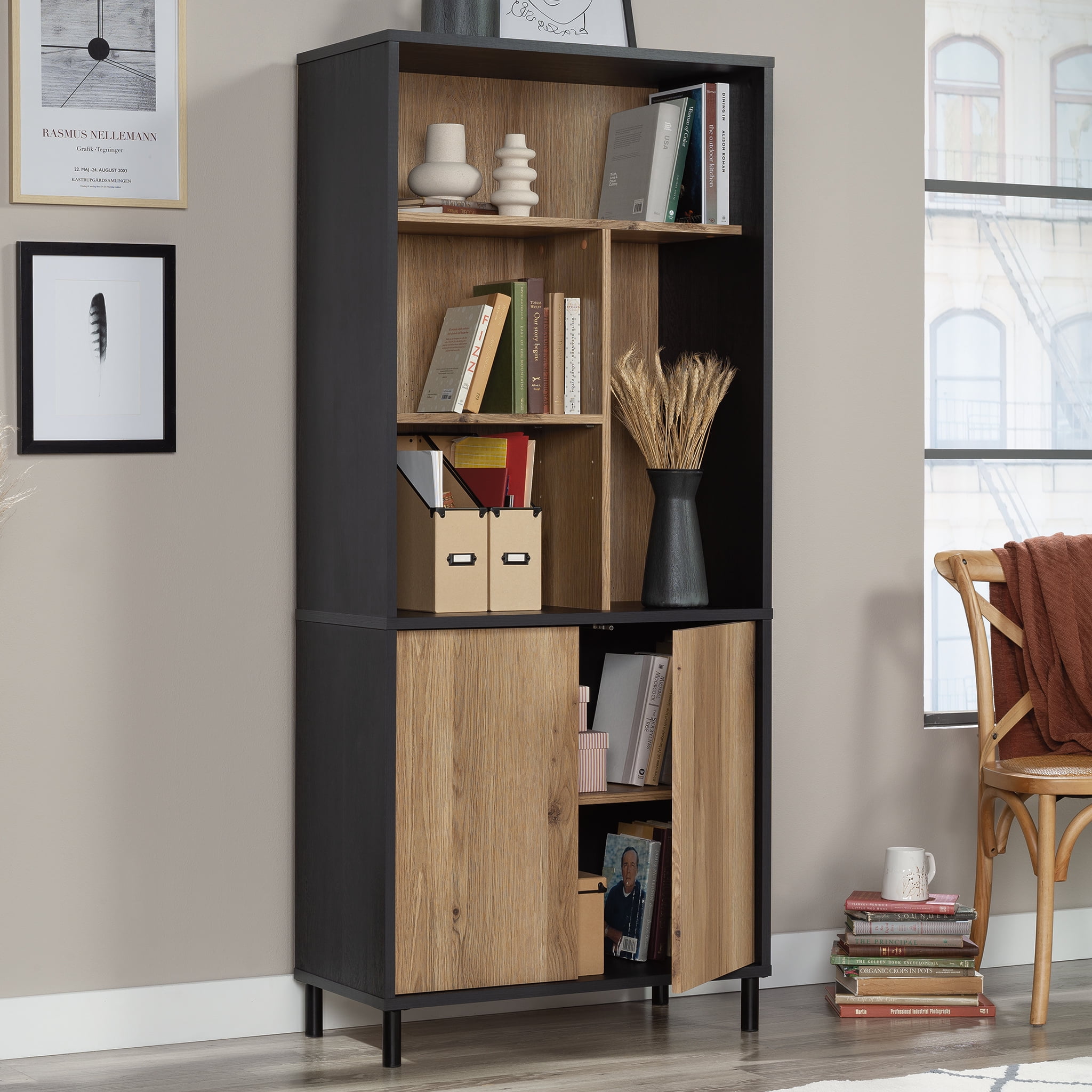 Sauder Acadia Way 5-Shelf Tall Bookcase with Doors, Raven Oak Finish ...