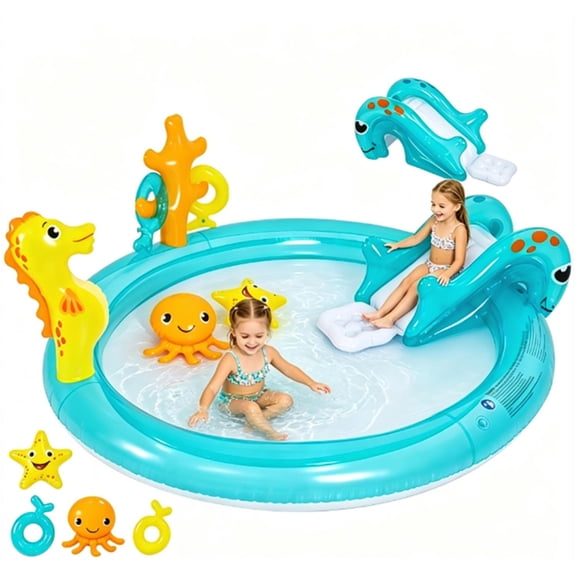 Kids Inflatable Marine Life Spray Pool with Slide & Ring‑Toss Game, PVC ...