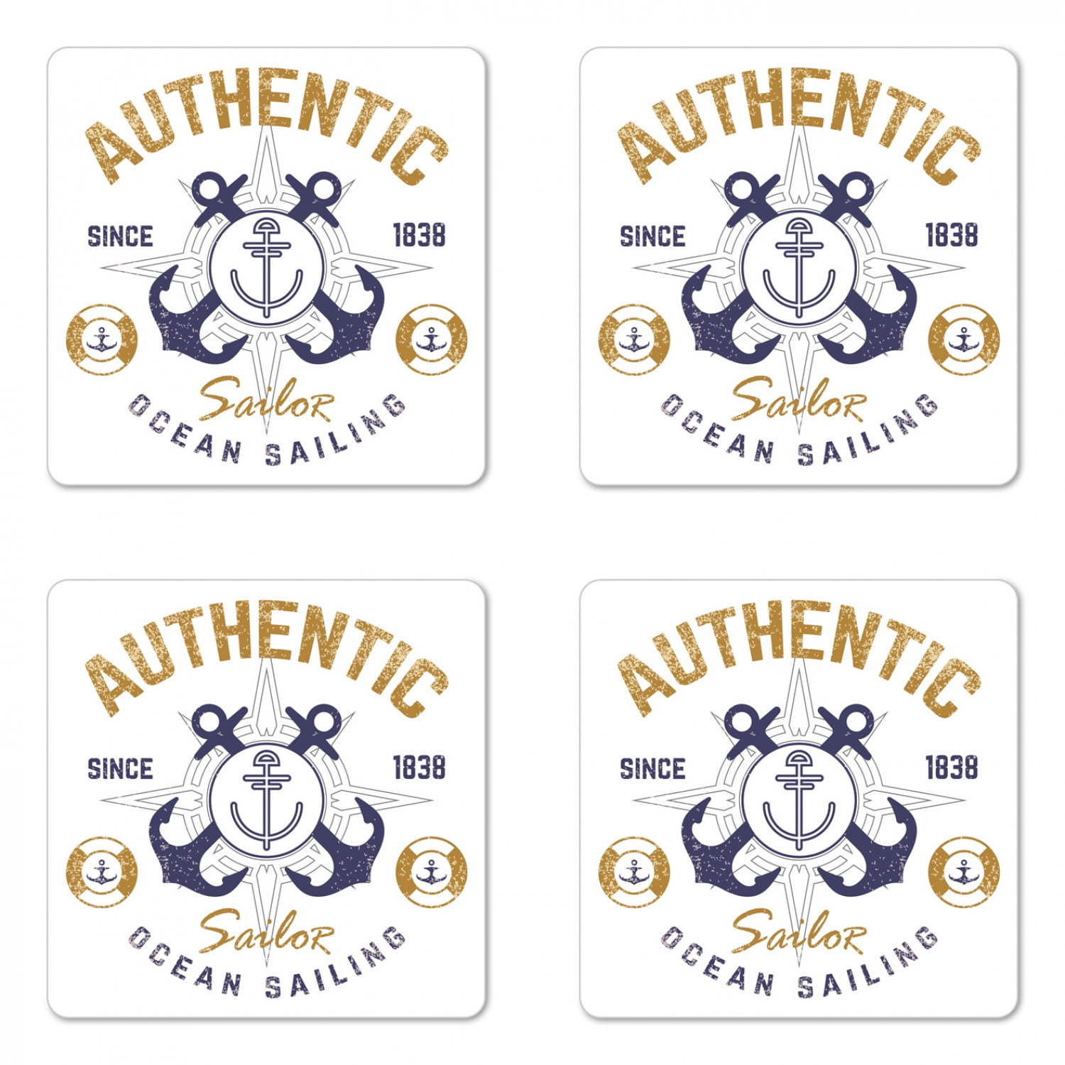 Anchor Coaster Set of 4, Nautical Print with Anchor Lifeboys and Rudder ...