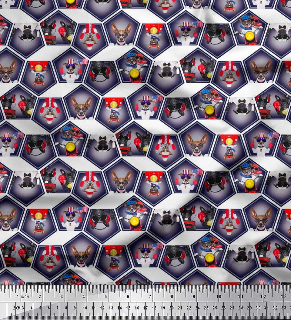 Soimoi Crepe Silk Fabric Geometric & Dogs Patchwork Print Fabric by The ...