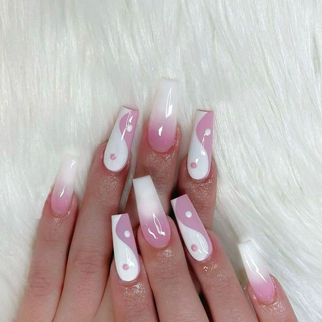 Glossy Press on Nails Extra Long with Designs,Nude Pink Coffin Fake ...