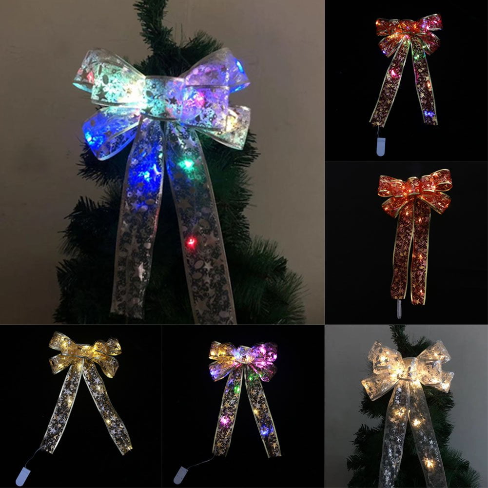 Morttic Lighted Christmas Bow Tree Topper, Battery Operated Glitter Bow ...