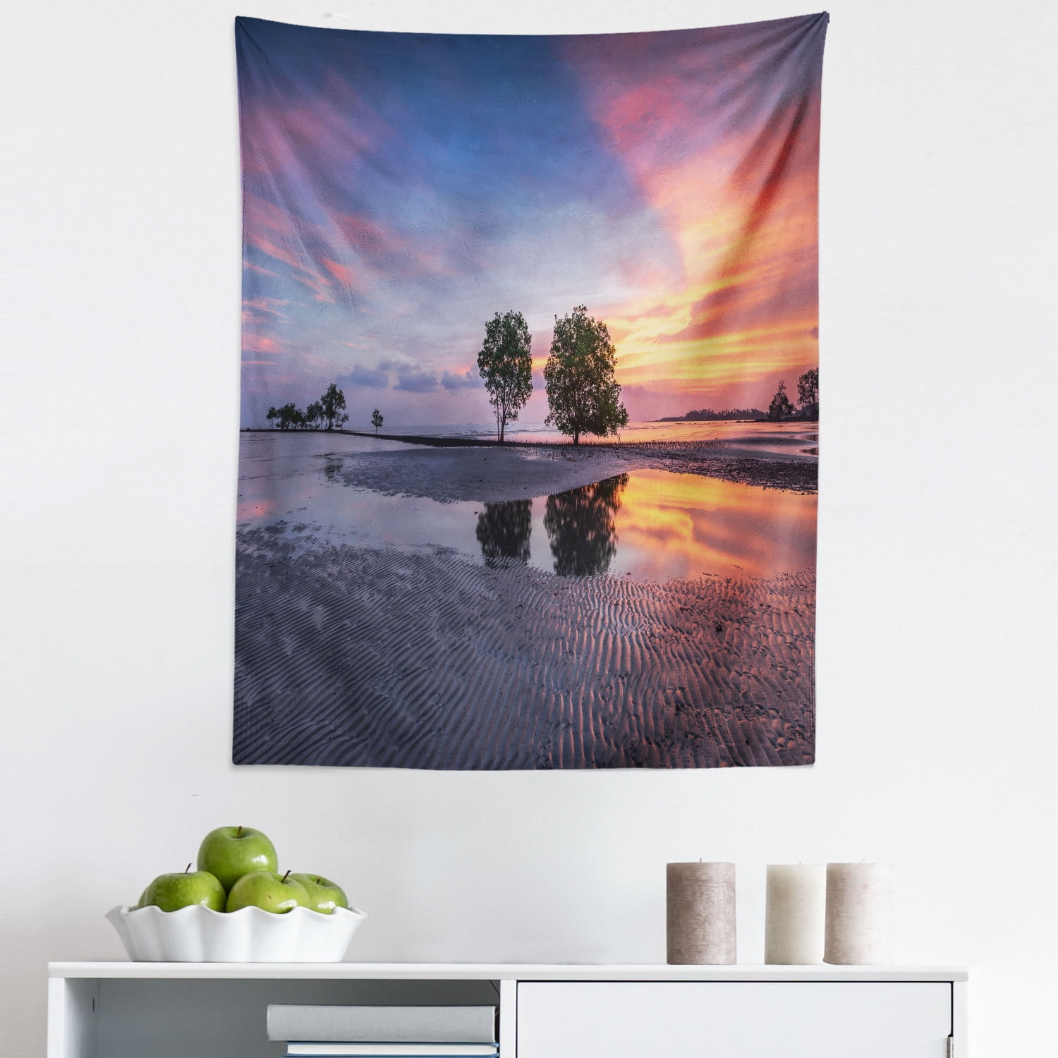 Trees Tapestry, Sunset Scenery Picture of Pastel Colored Sky Calm Lake ...