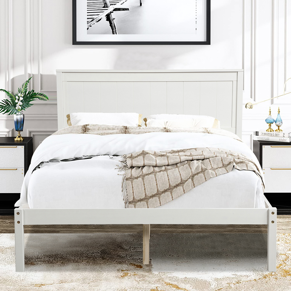 White Wood Bed Frames for Full Size, Modern Platform Bed Frame with ...
