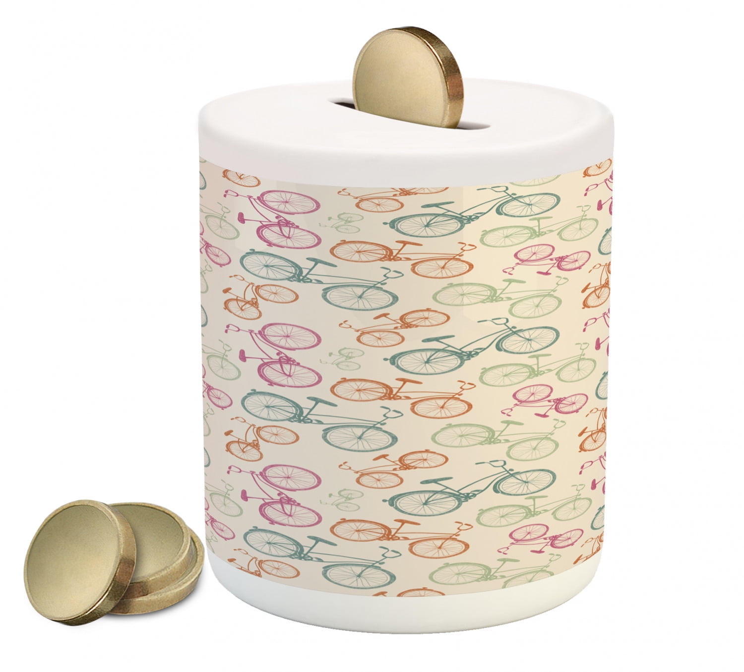 Bicycle Piggy Bank, Sketch Bikes in Retro Colors Hipster Pattern Pedals ...