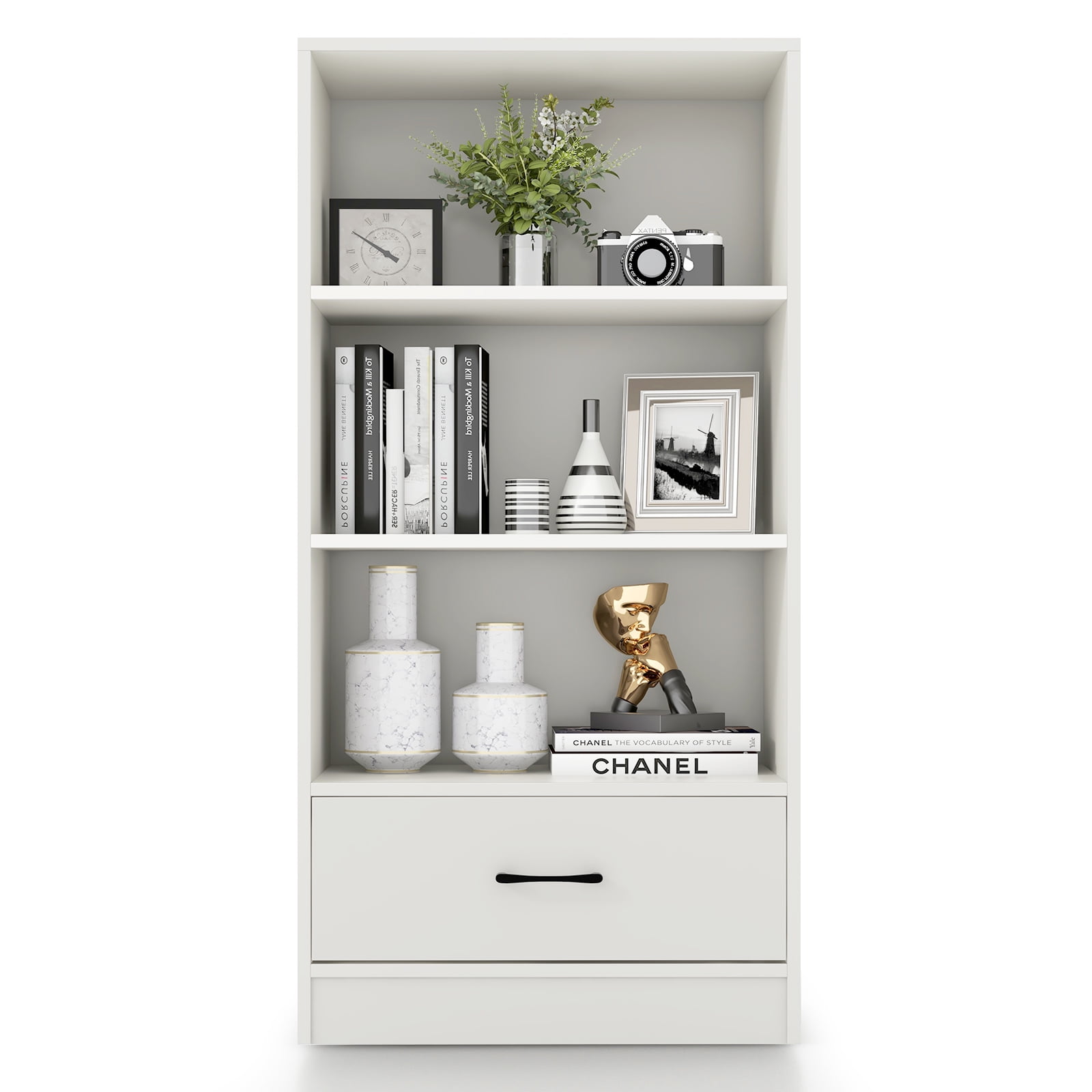 Topbuy 4-Tier Bookcase w/Storage Drawer Modern Storage Shelf w/3-Tier ...