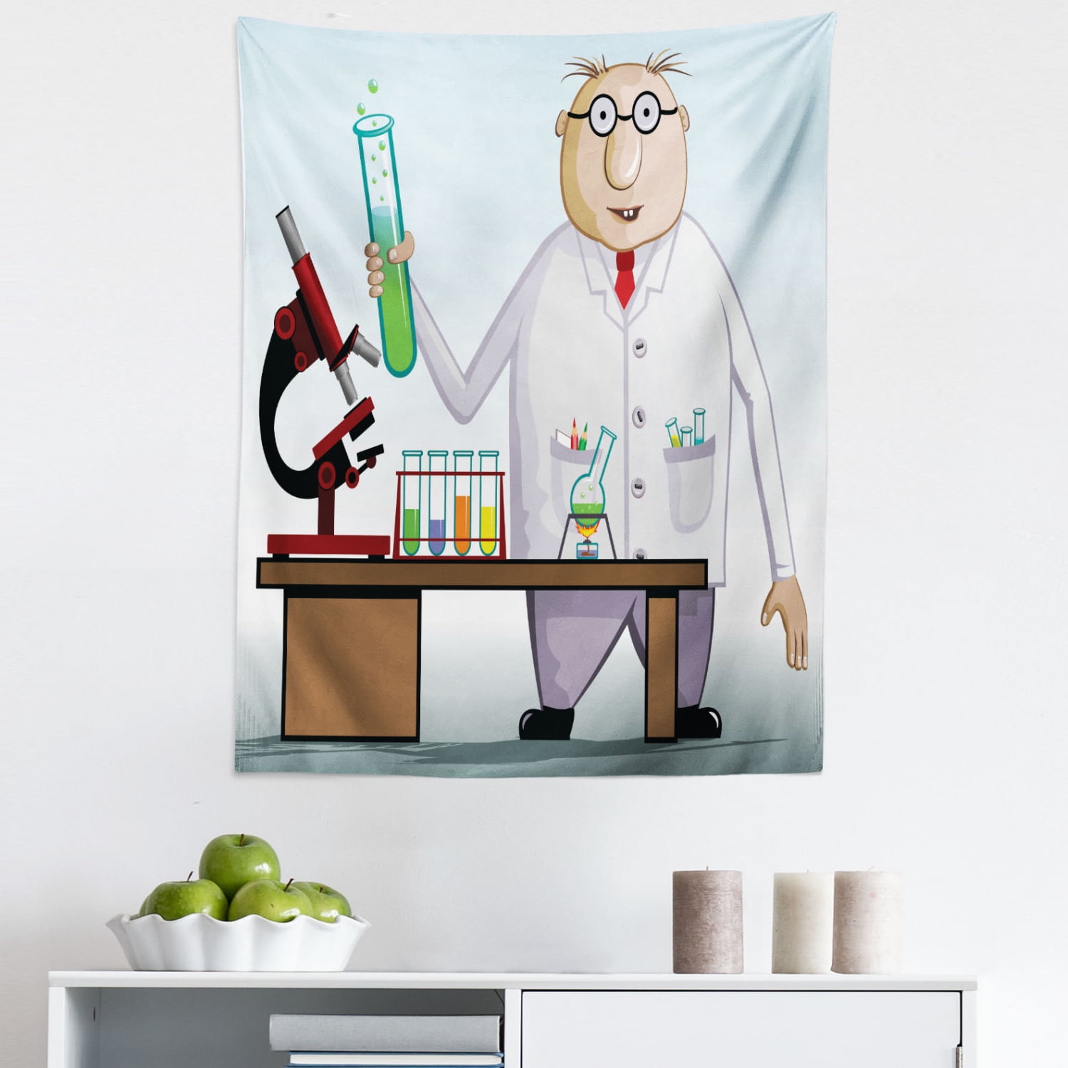 Lab Tapestry, Scientist Chemist with Test Tubes Flask and Microscope on ...