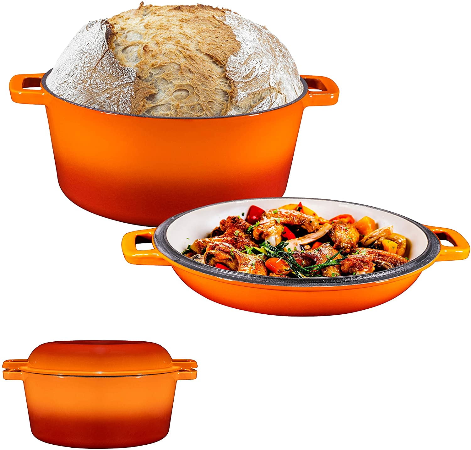 2 In 1 Enameled Cast Iron Double Dutch Oven And Skillet Lid 5 Quart