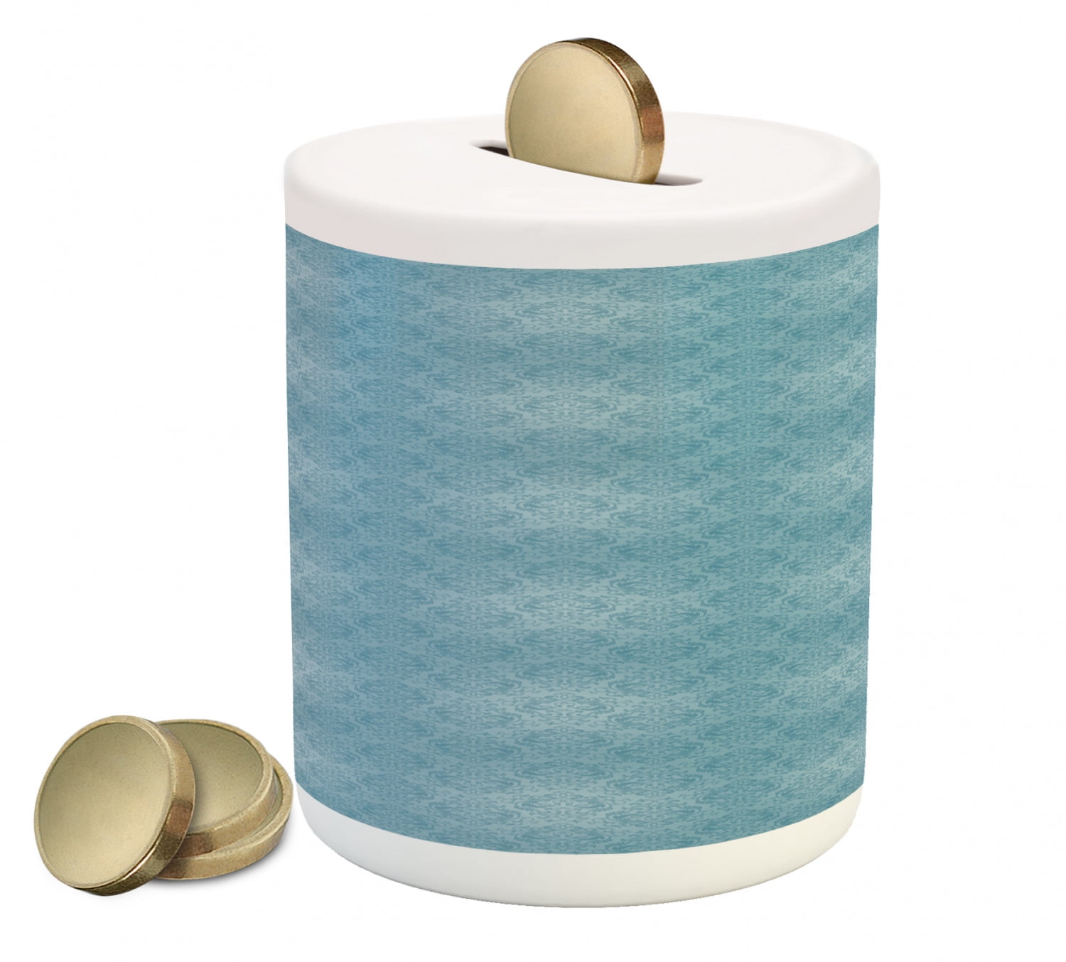 Vintage Blue Piggy Bank, Abstract Foliage Motifs in Damask Style Old ...