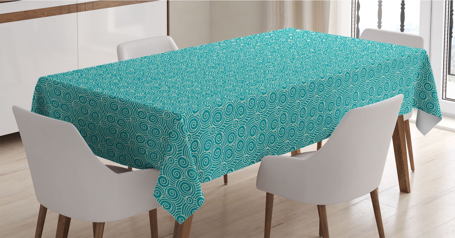 Ivory and Blue Tablecloth, Oriental Doodle Style Spirals Pattern Middle ...