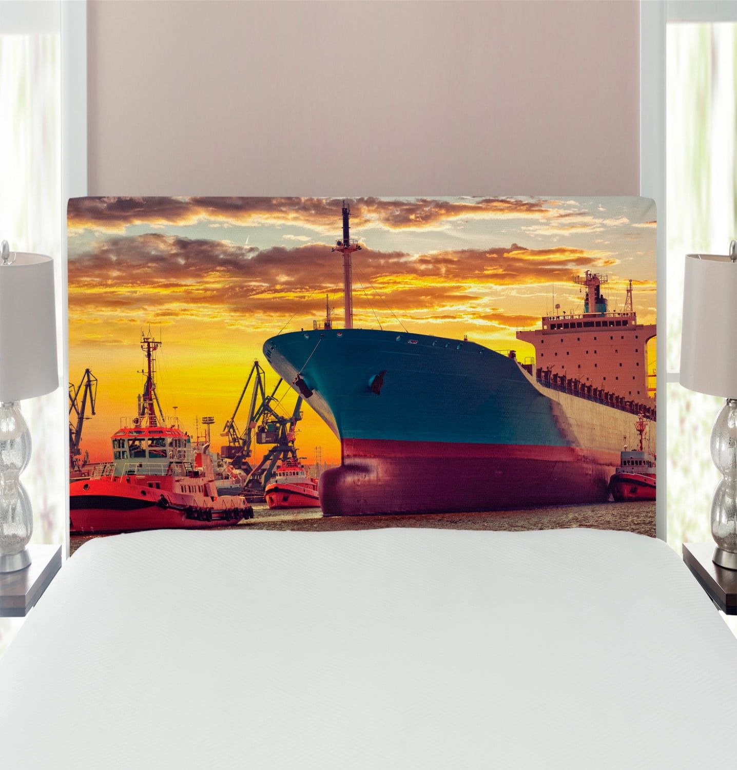 Nautical Headboard, Giant Transportation Ship Escorting Tugs Leaving ...