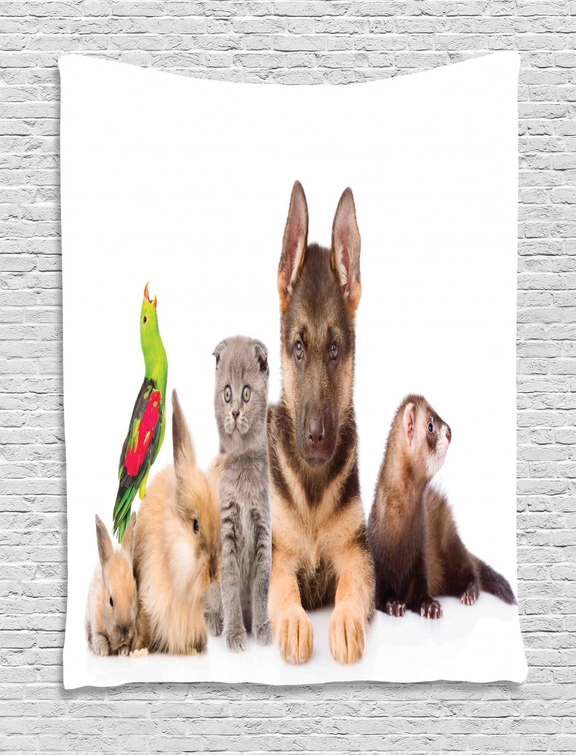Animal Tapestry, Sweet Photo with Bunnies Cat Dog and Ferret Cute ...