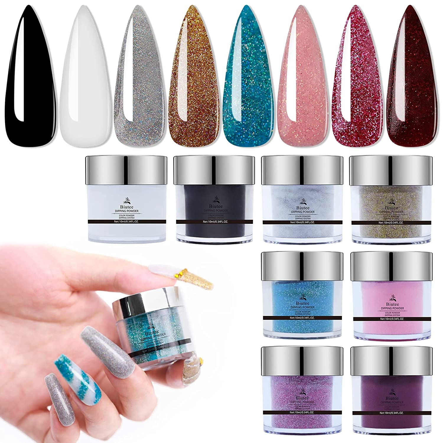 SEISSO 8 Colors Dipping Glitter Powder Nail Kit Dip Powder Nail Set for ...