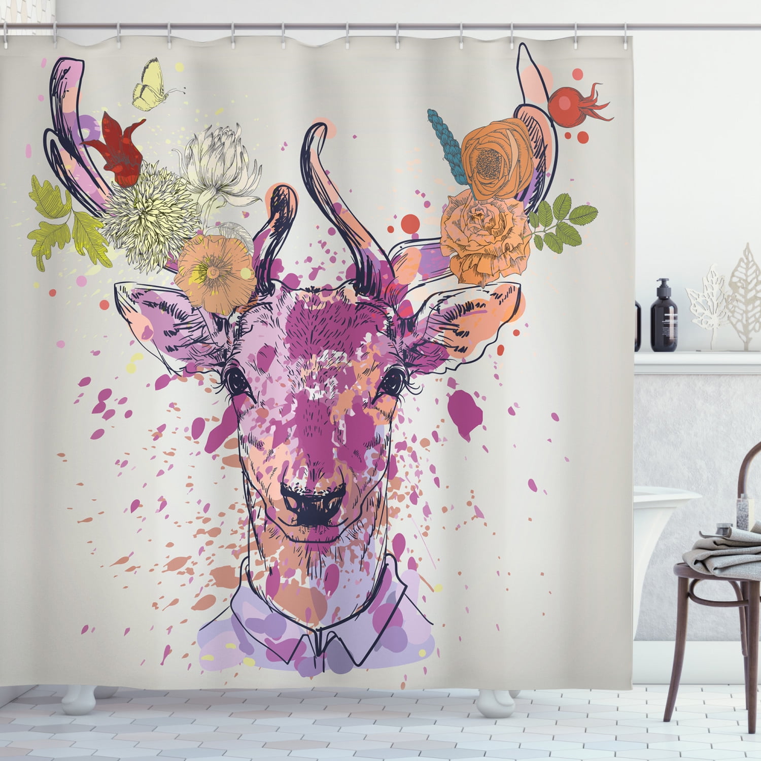 Ambesonne Indie Shower Curtain, Deer Portrait, 69"Wx75"L, Multicolor ...