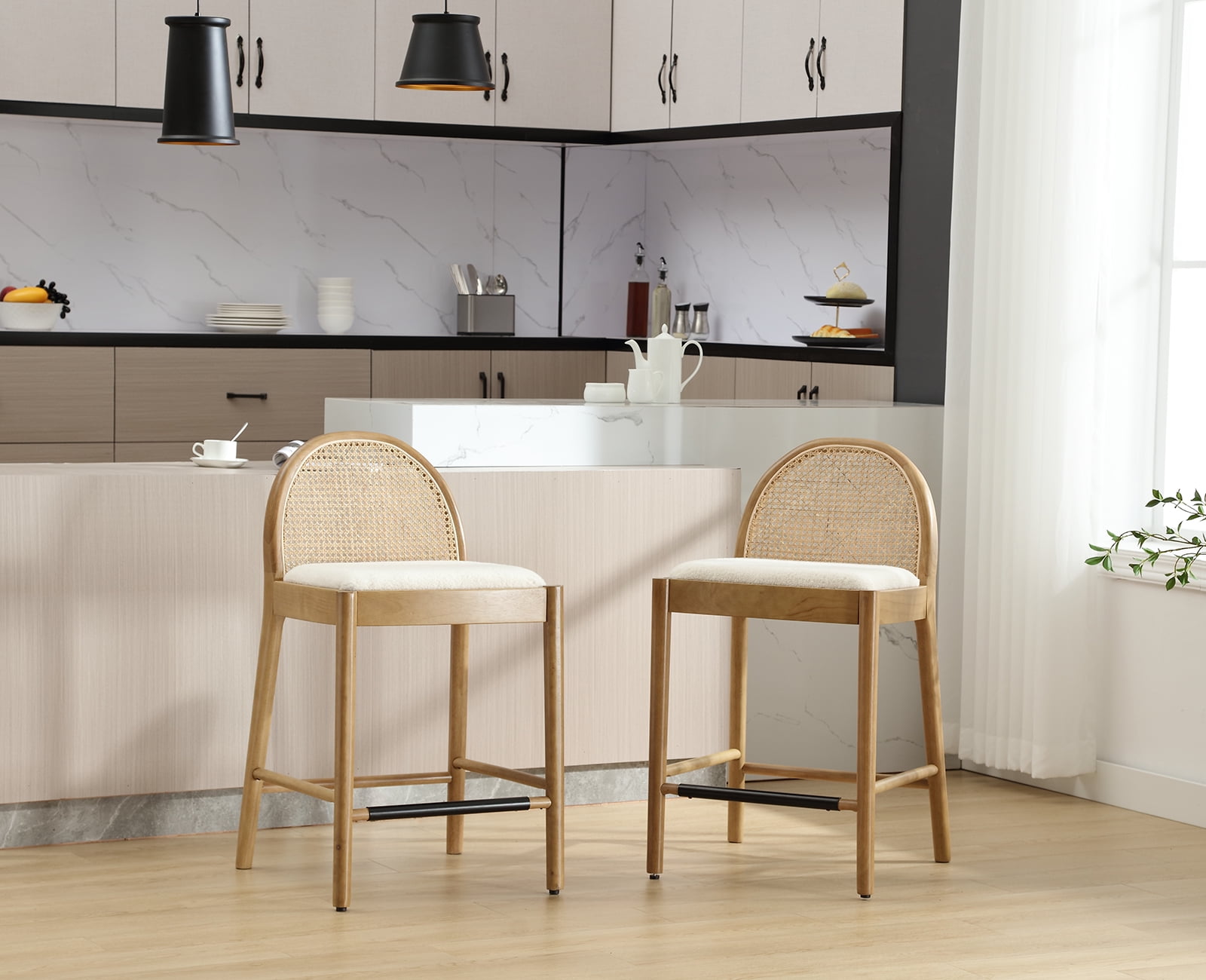 Guyou Modern Bar Stools Set of 2, 26" Counter Height Bar Stools with Natural Rattan Back and ...