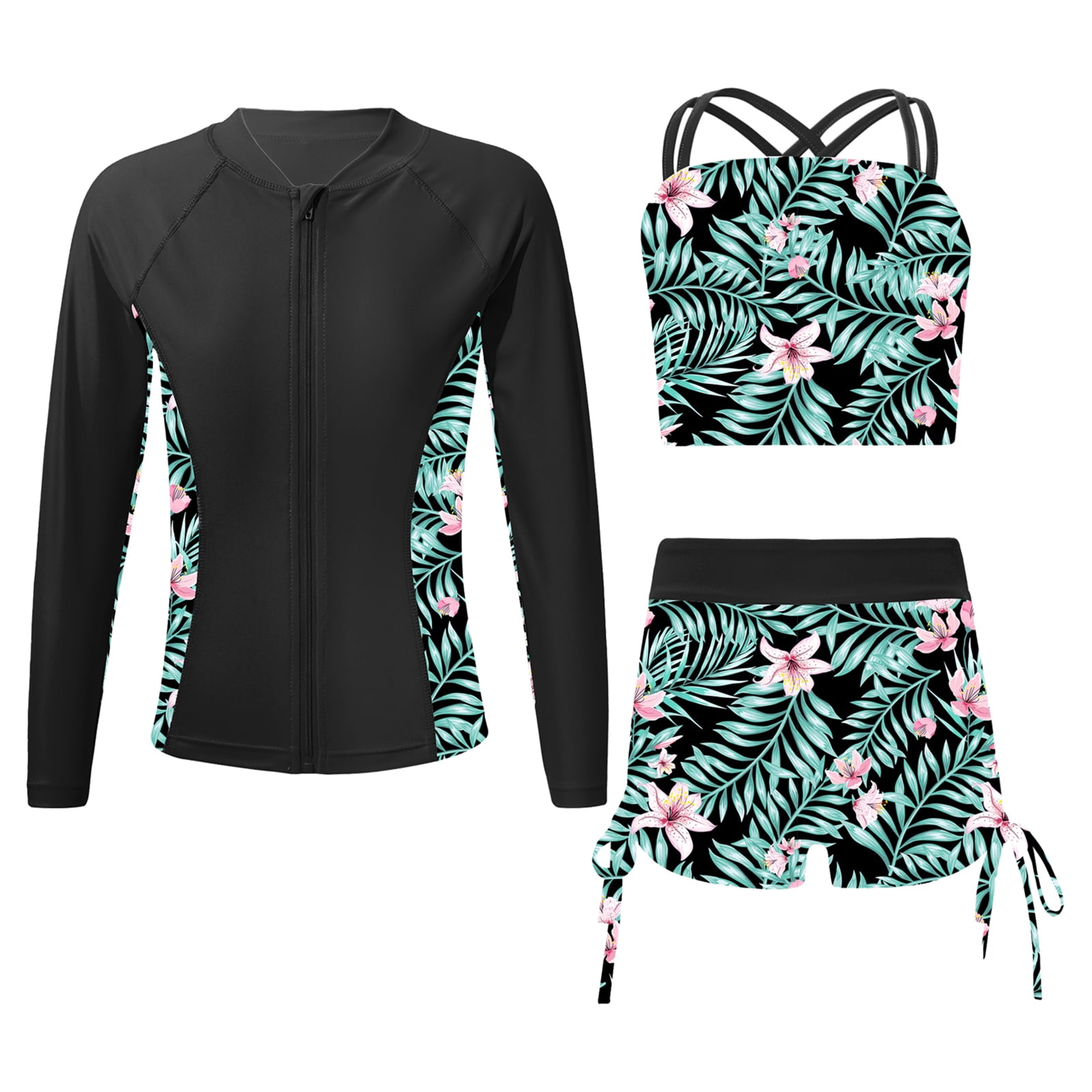 YONGHS Girls 3 Piece Rash Guard Tankini Set Floral Bikini with Long ...