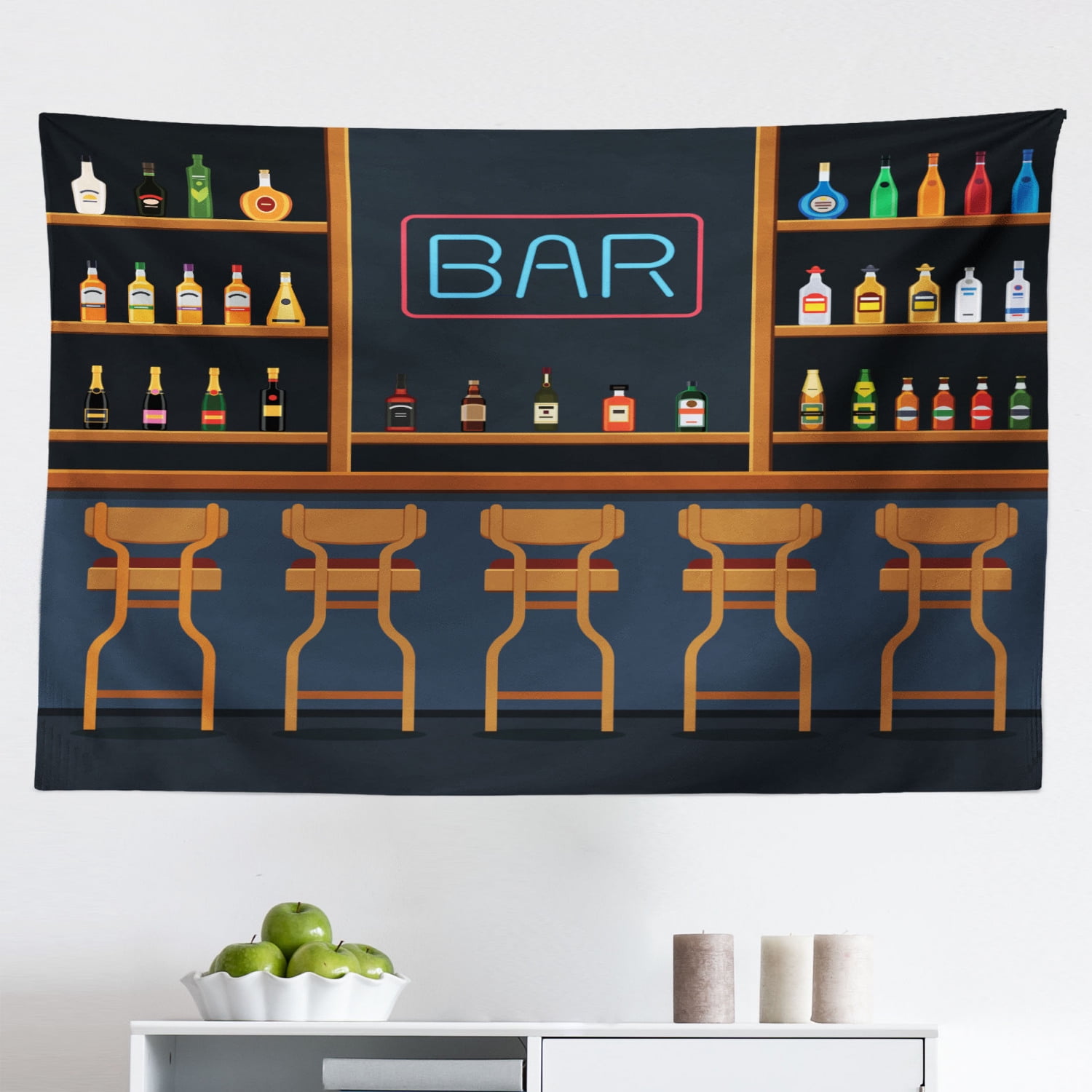 Bar Tapestry, Nightclub Pub Scene Tavern Venue with Alcohol Bottles ...