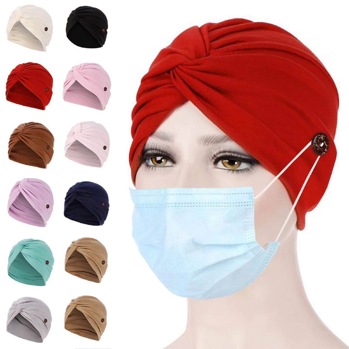 Travelwant Turbans Cap with Button Women Pre-Tied Knot Pleated Headwrap ...